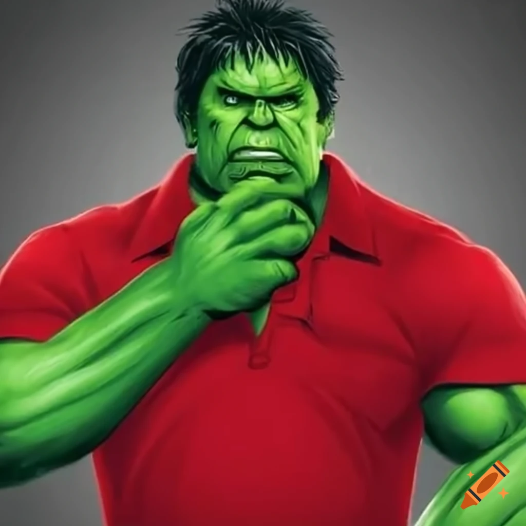 Hulk wearing a red polo shirt and carrying a bag of cans on Craiyon