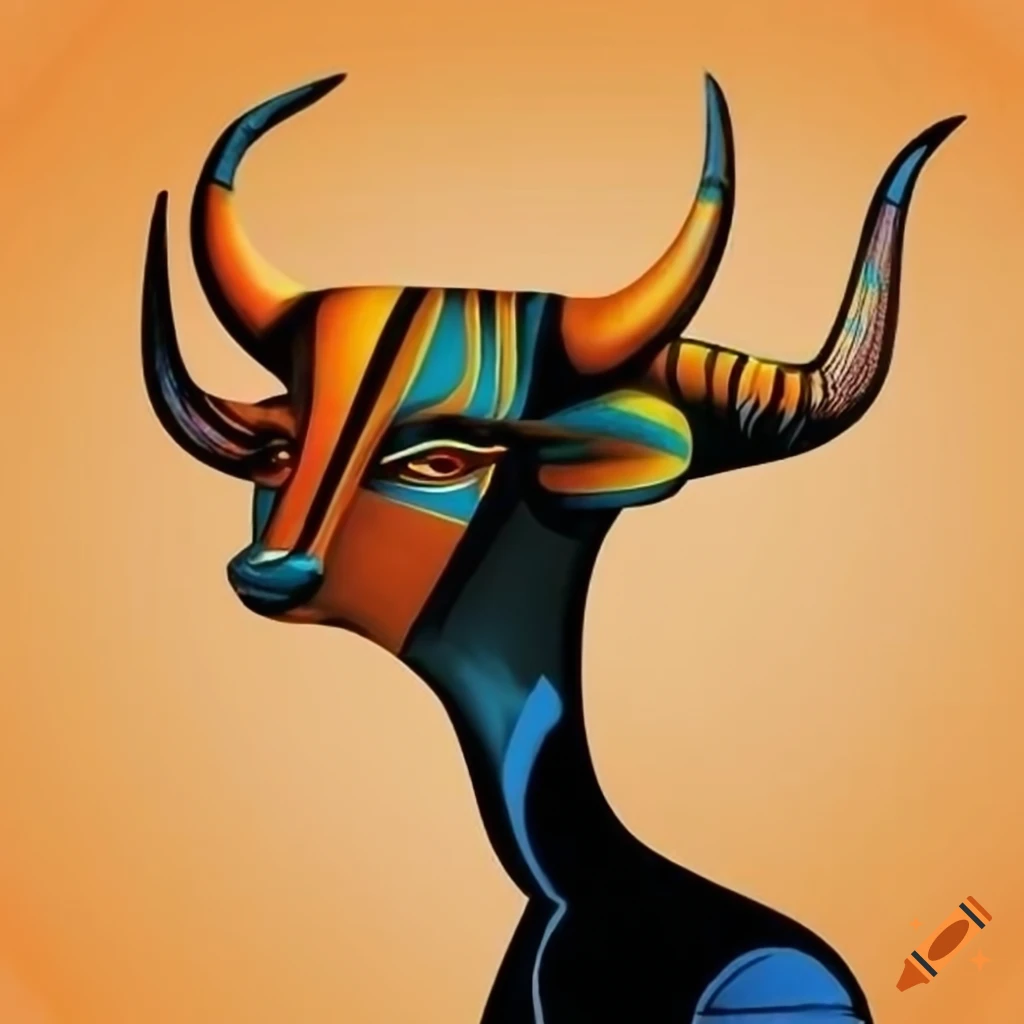 Side view of an orange and black egyptian bull man painting on Craiyon