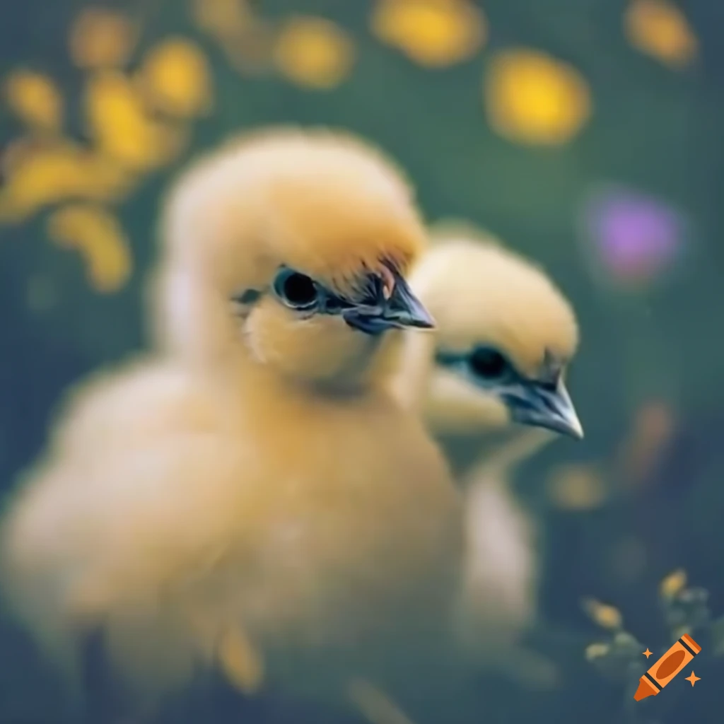 Baby silkie chickens cuddling in a field of flowers