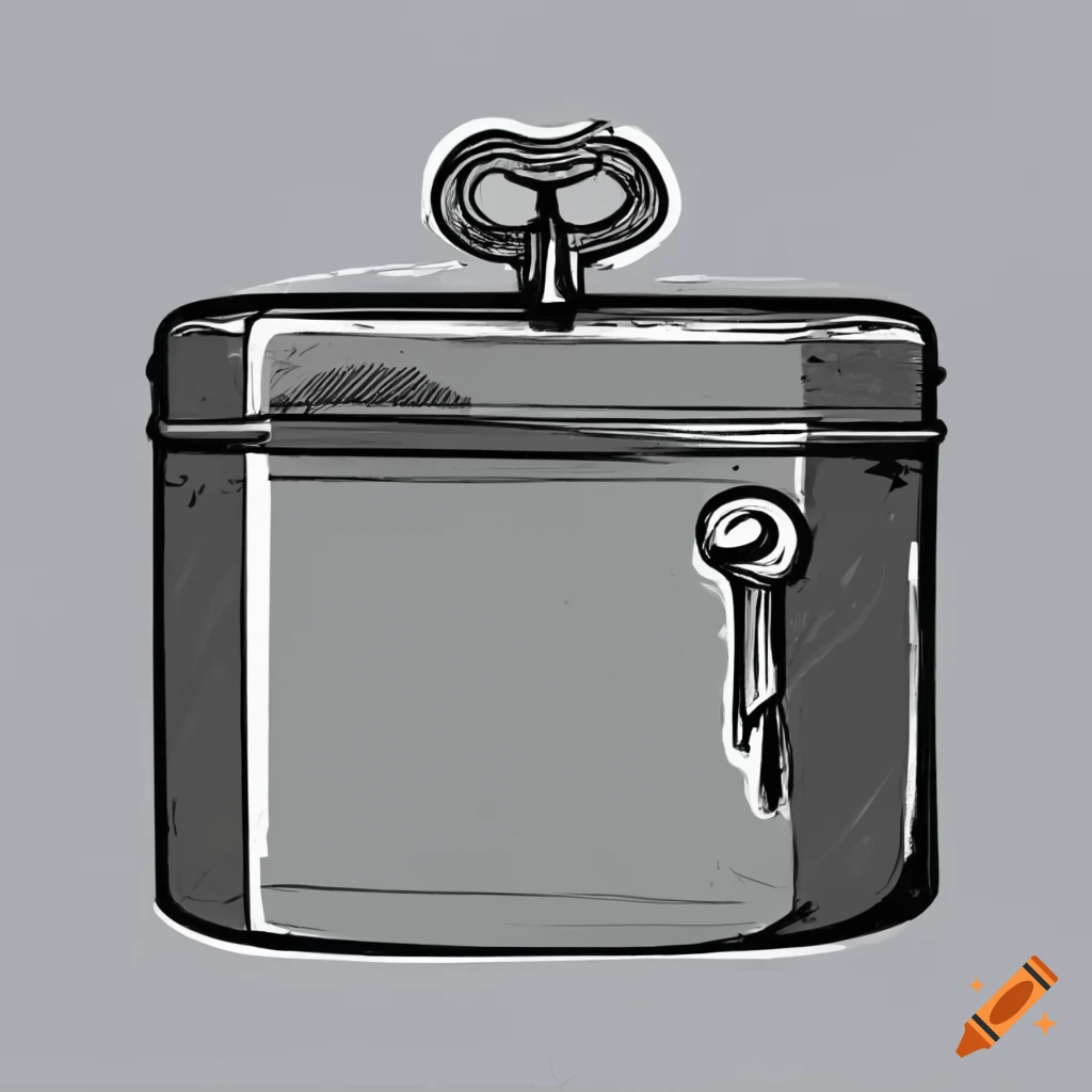 Grayscale sketch of a metal box with a key on Craiyon