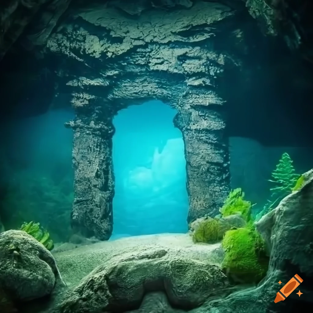Underwater cave with ancient stone door on Craiyon