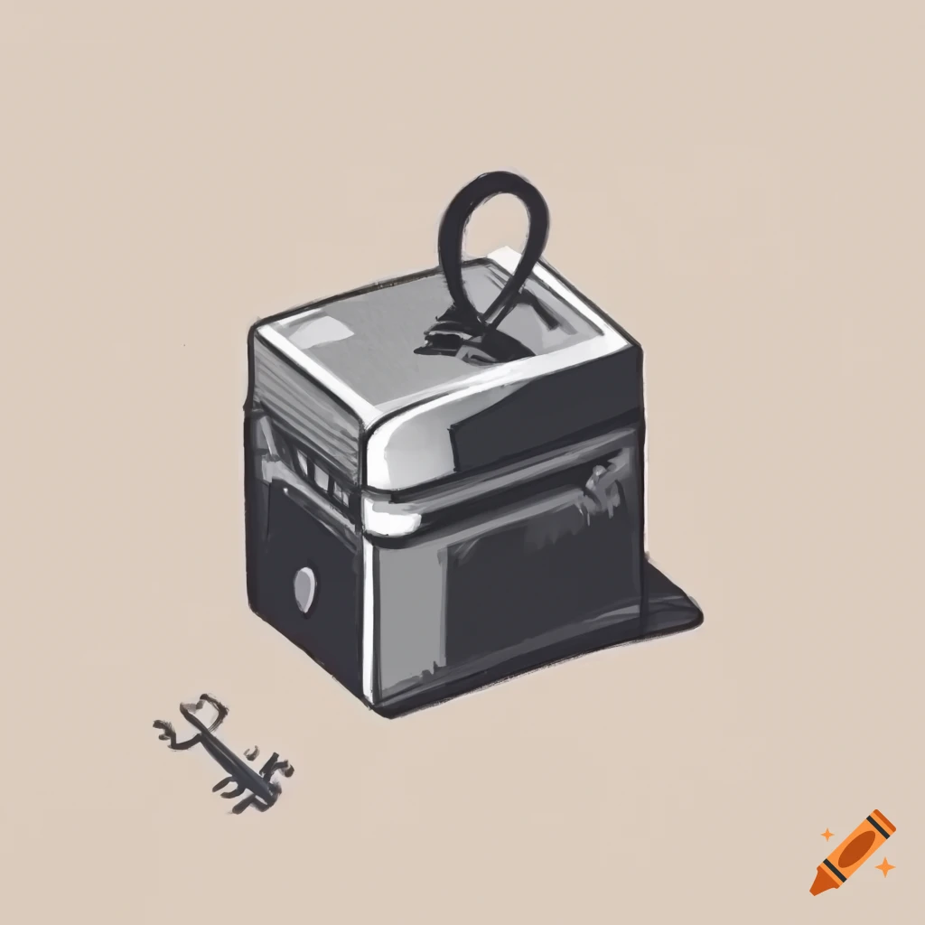 Grayscale sketch of a metal box with key