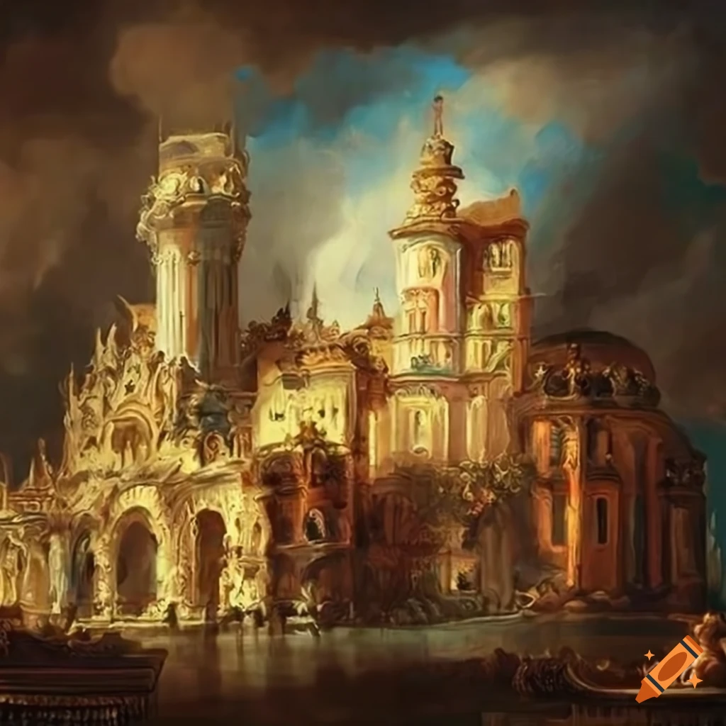 Rococo style painting of a palace with a monster theme on Craiyon