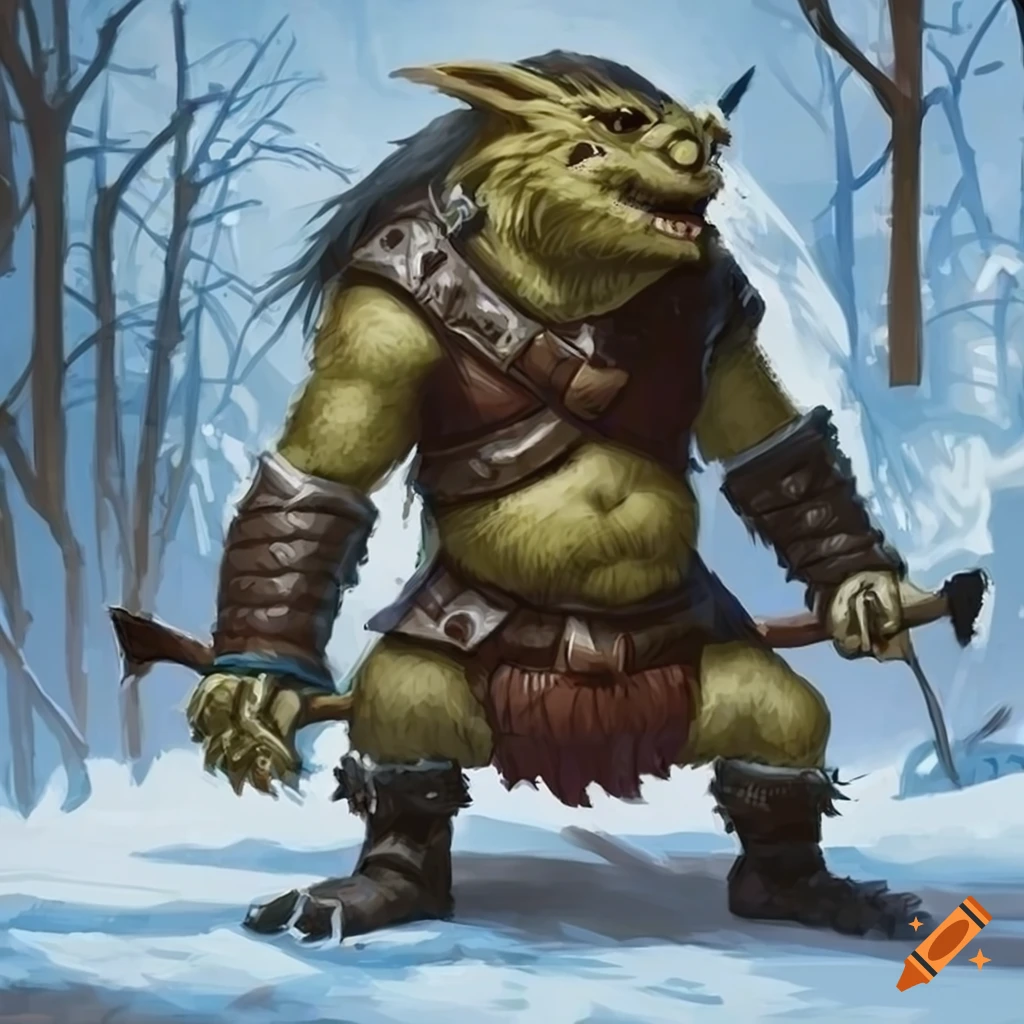 Illustration of a fat furry bugbear viking in a snowy taiga on Craiyon