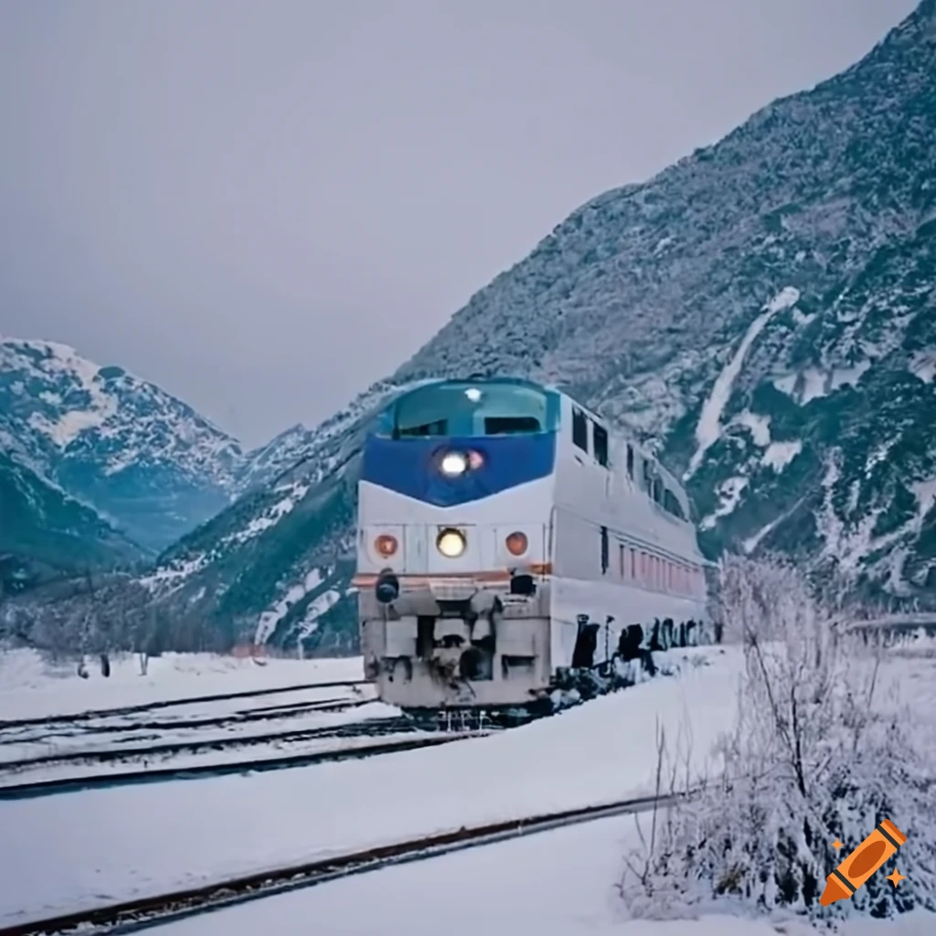 Snowy mountain scene with amtrak train on Craiyon