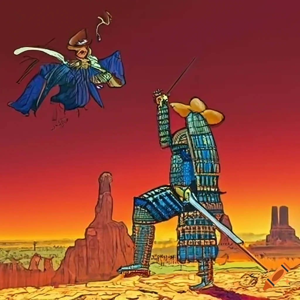 Illustration of a wizard and samurai cowboy battling in monument valley ...