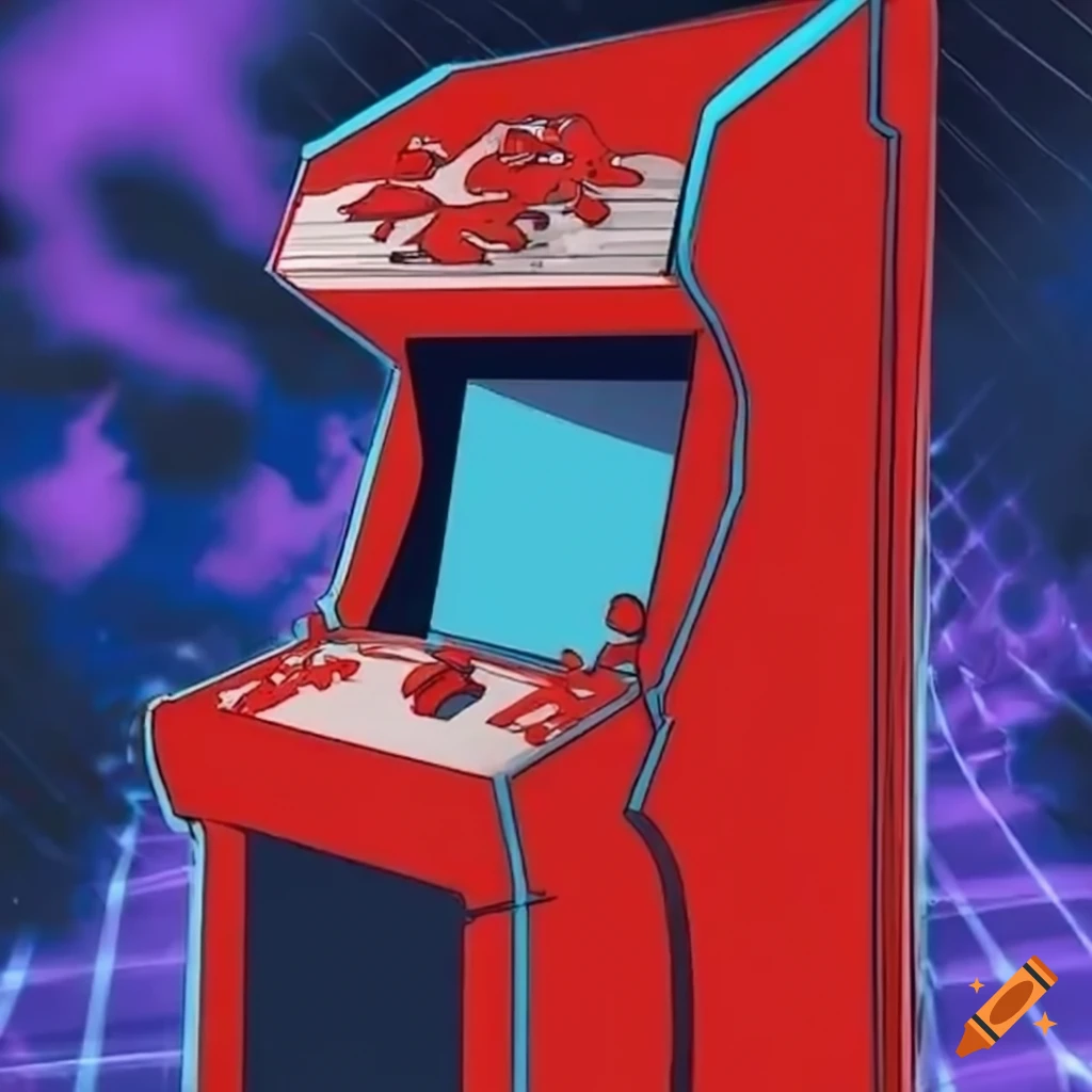 Comic-themed red and blue arcade machine on Craiyon