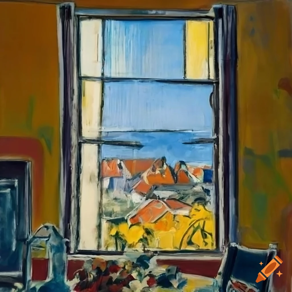 View through a sunny window with flowers in front