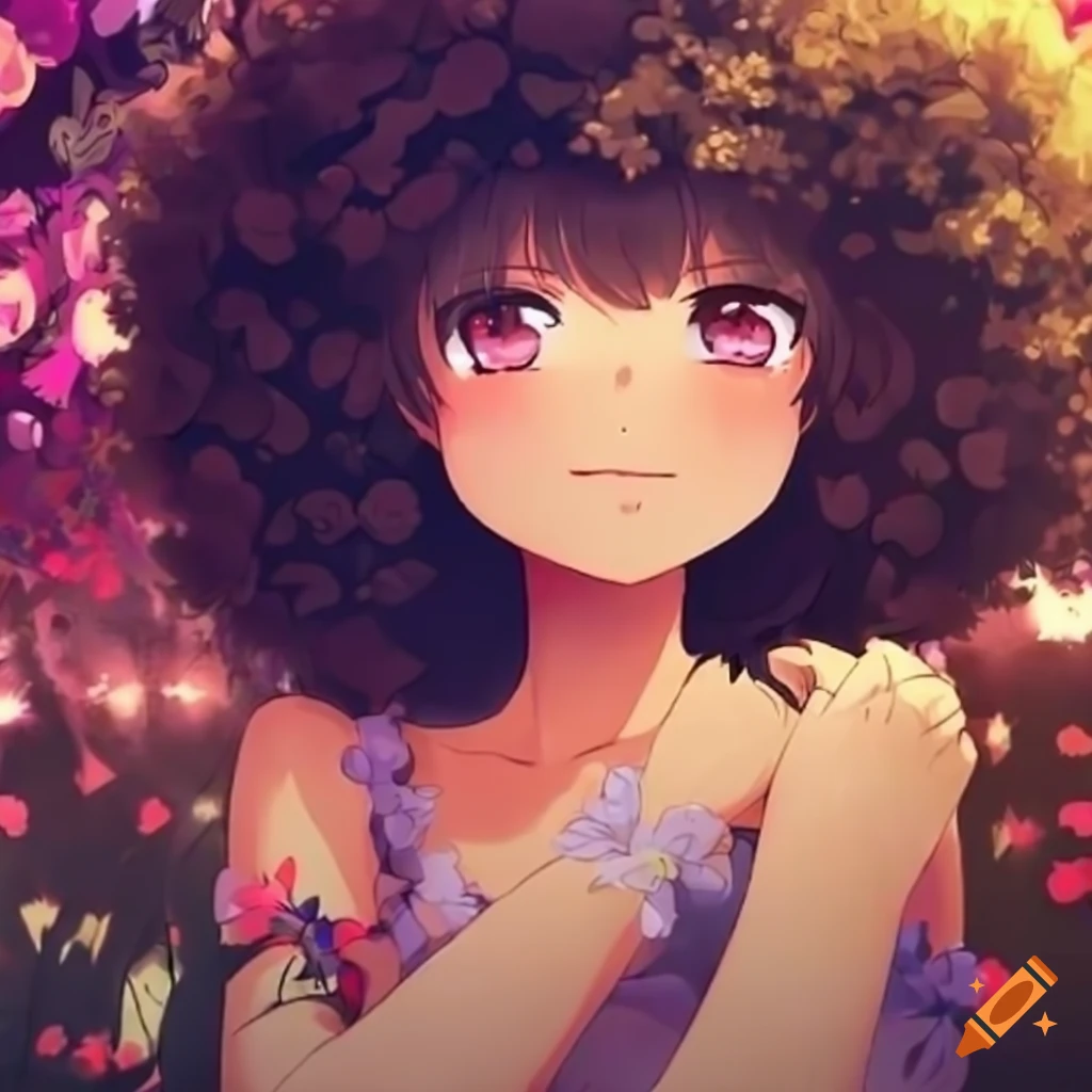 Anime girl with big Afro and flower-adorned dress in a garden on Craiyon