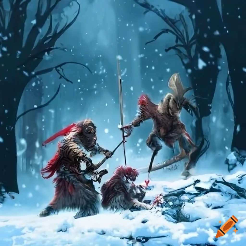 Epic fantasy battle between werewolves and elves in the snow on Craiyon