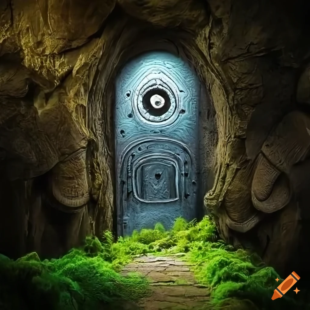 Stone door with engraved african masks in a cave on Craiyon