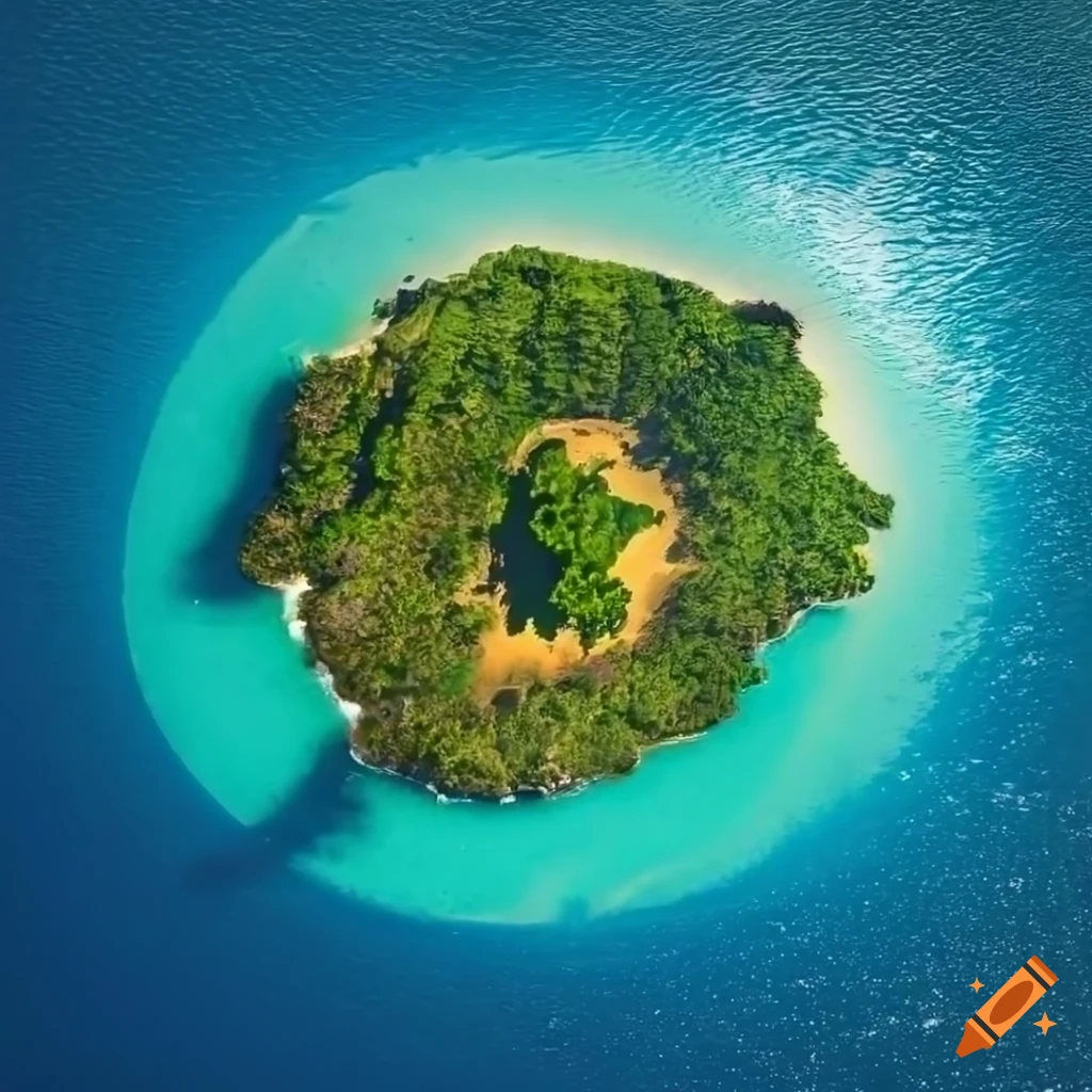 Aerial view of a sunny tropical island with comic book style