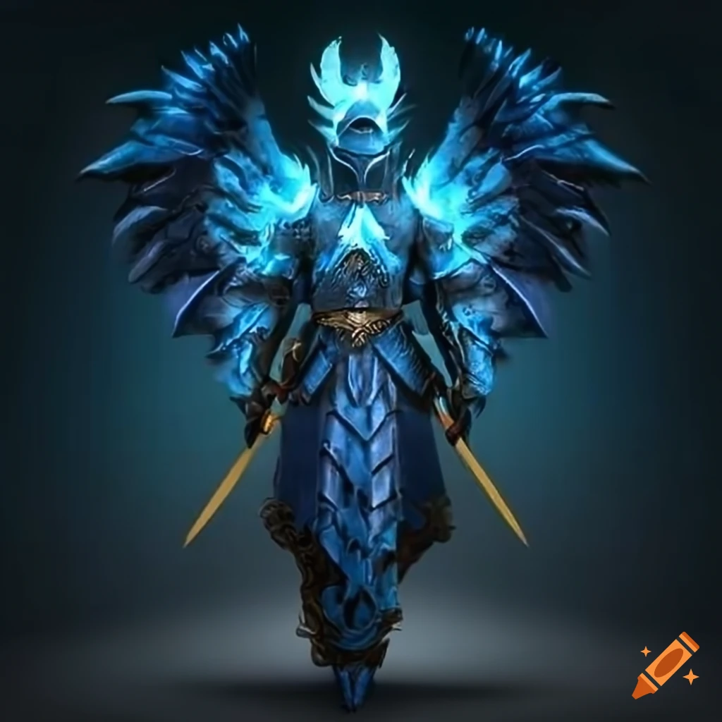 Illustration of a powerful blue knight with glowing armor on Craiyon