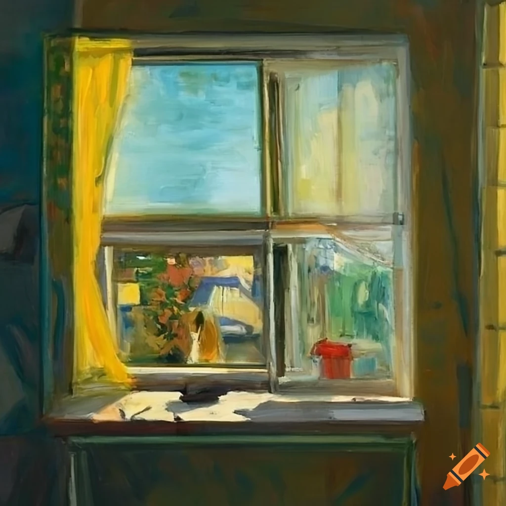 View through a sunny window with flowers in front