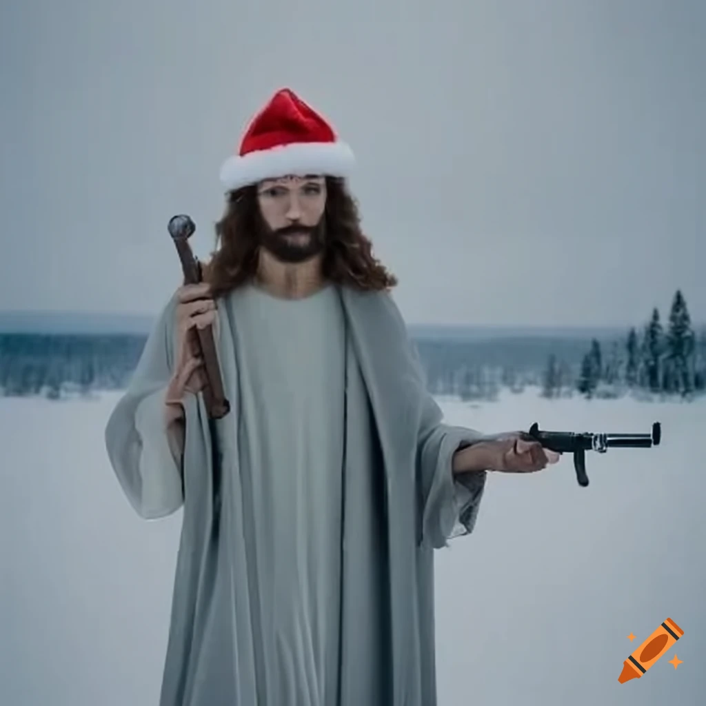 Satirical image of jesus christ wearing santa's hat and holding an ...