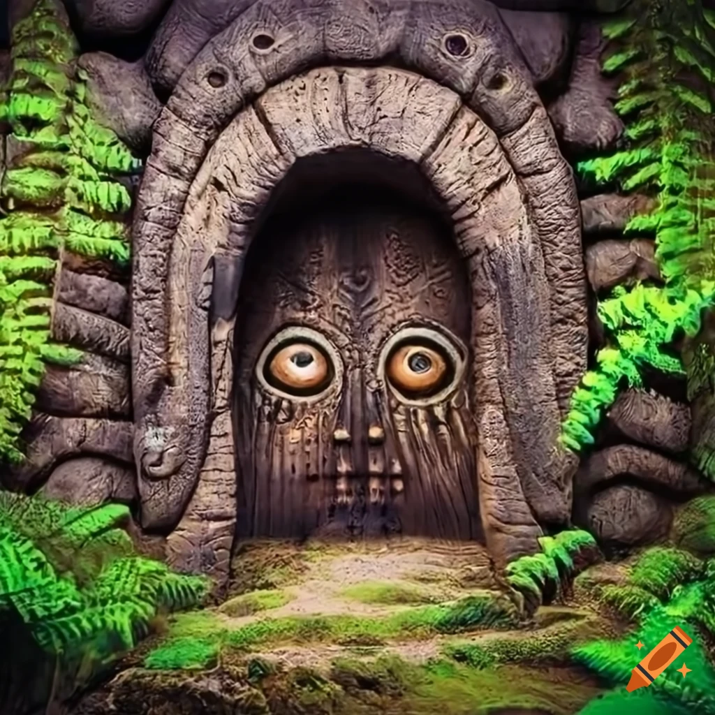 Ancient stone door with african masks in a cave on Craiyon