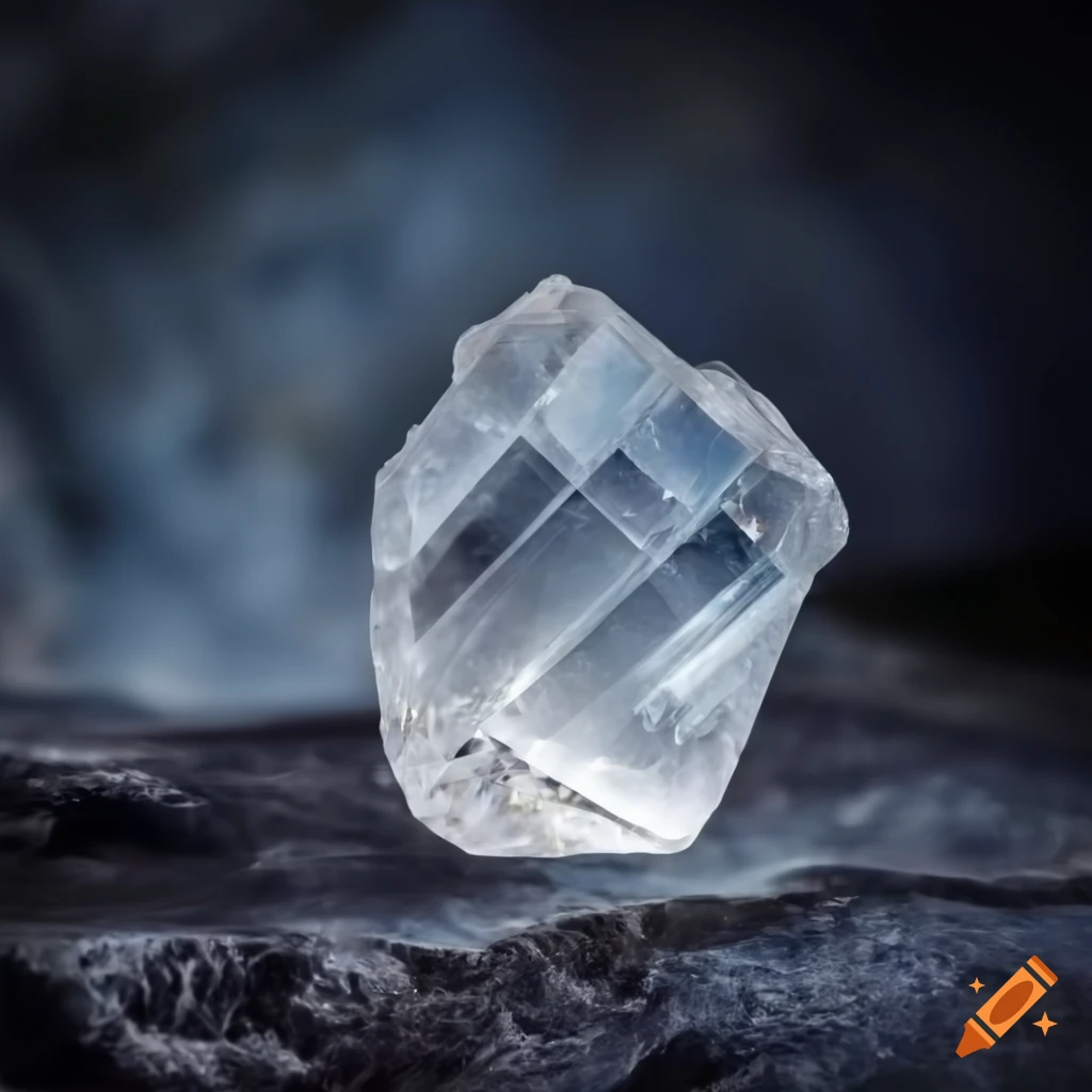 Photo of a clear rock crystal in a gray stone cave
