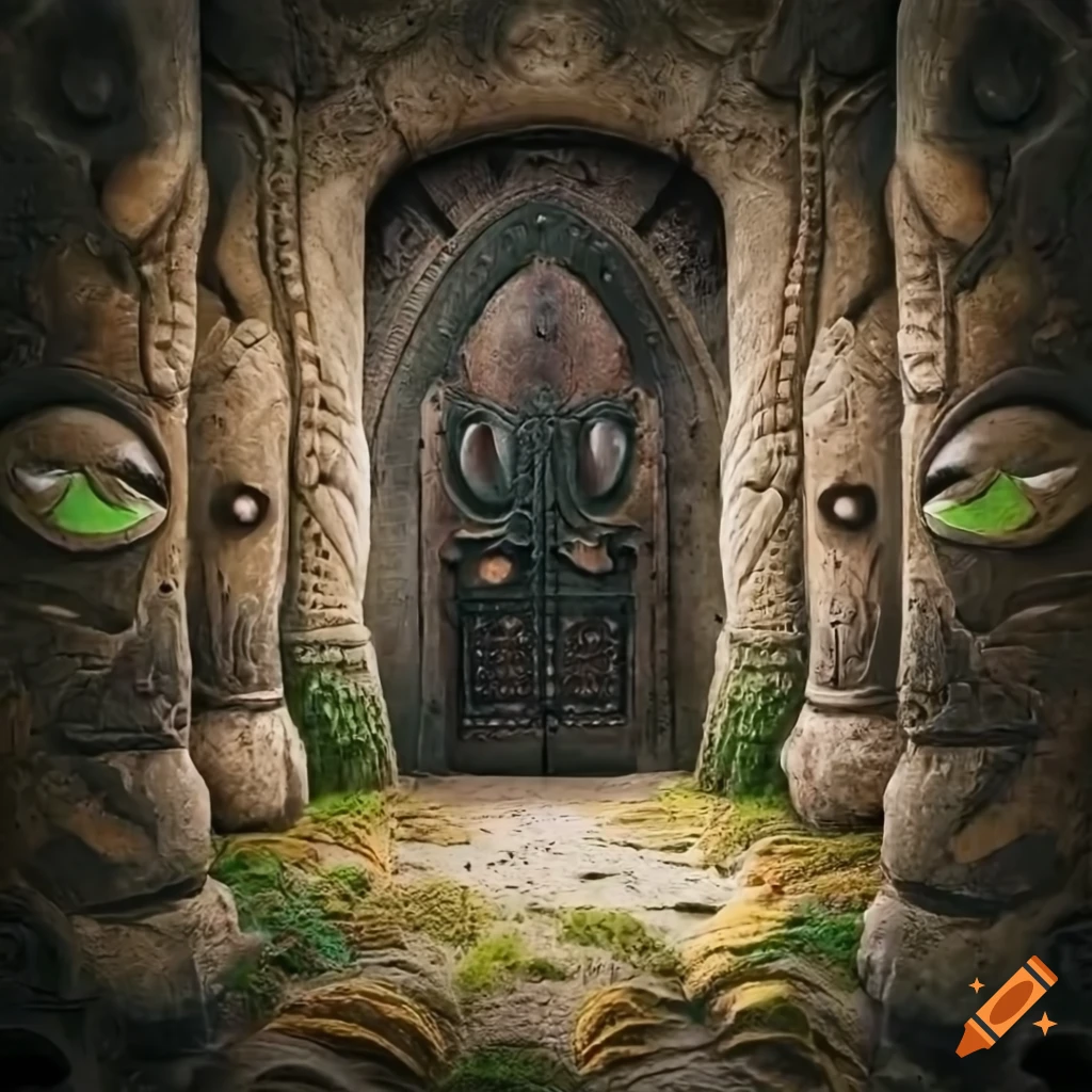 Image of a stone door with engraved african masks in a cave on Craiyon