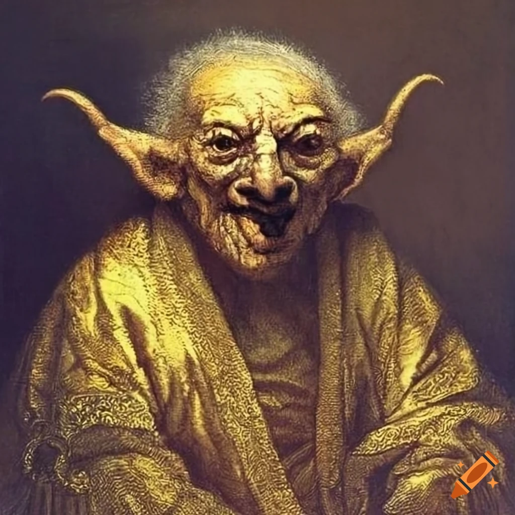 Illustration of a grinning goblin in gold silk robes on Craiyon