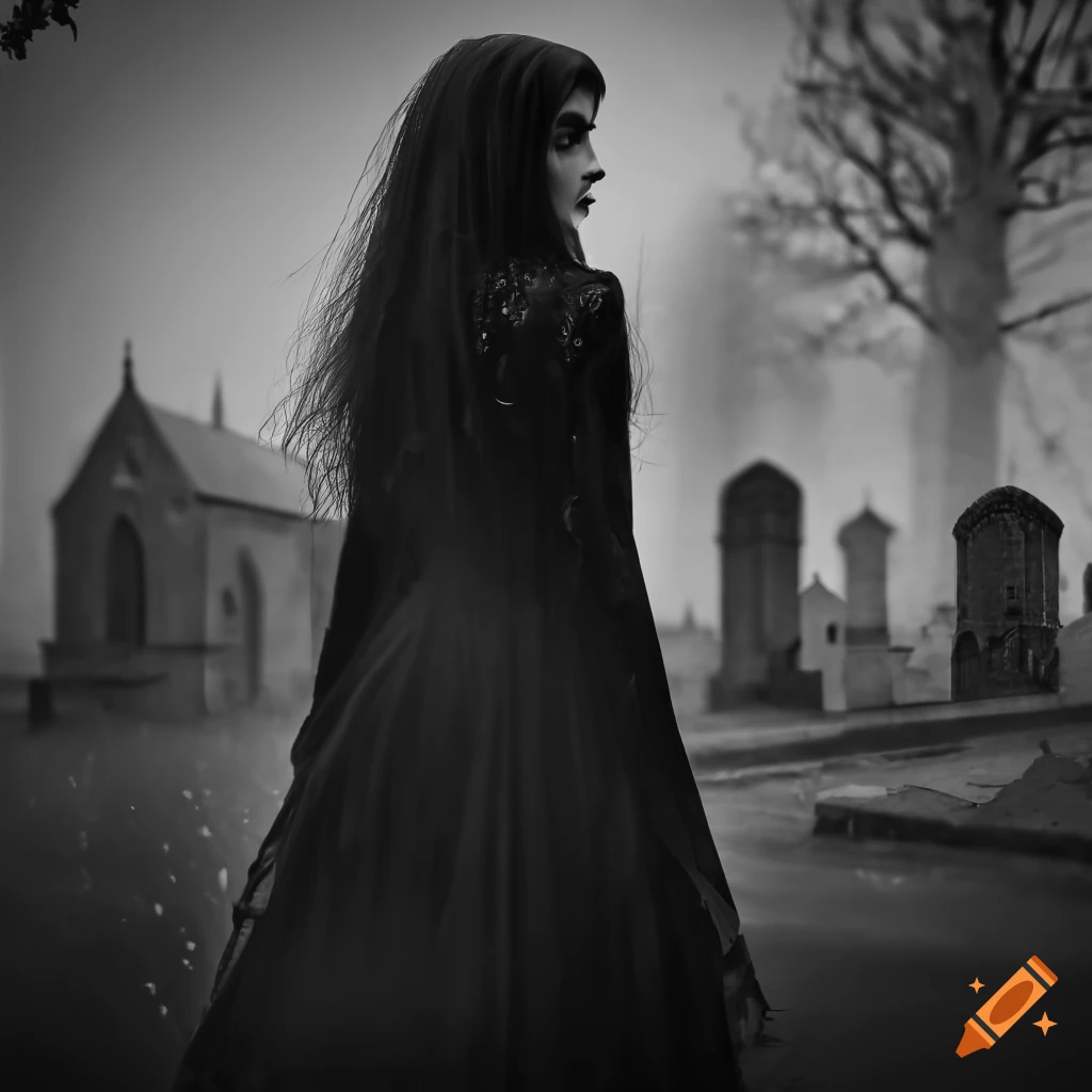 Black and white image of a gothic woman in a graveyard on Craiyon