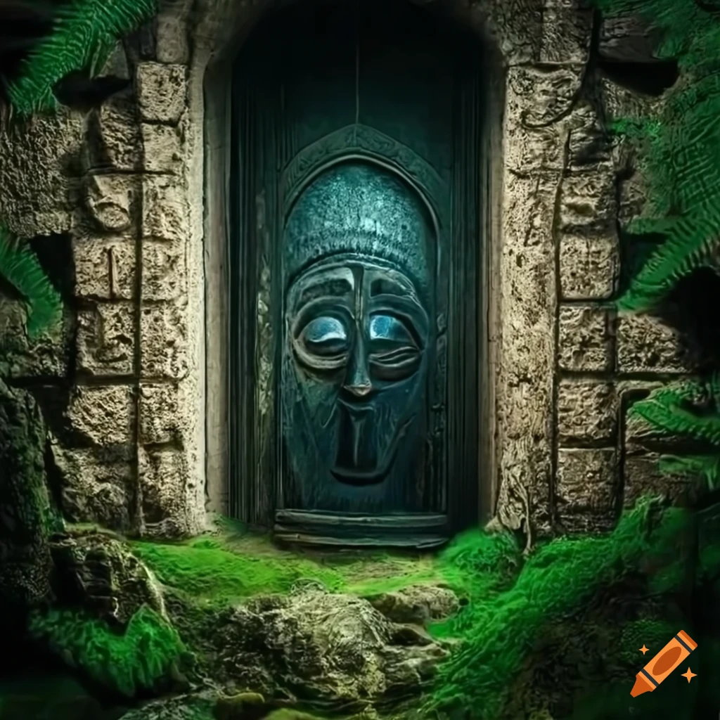 Ancient stone door with african masks in a cave on Craiyon