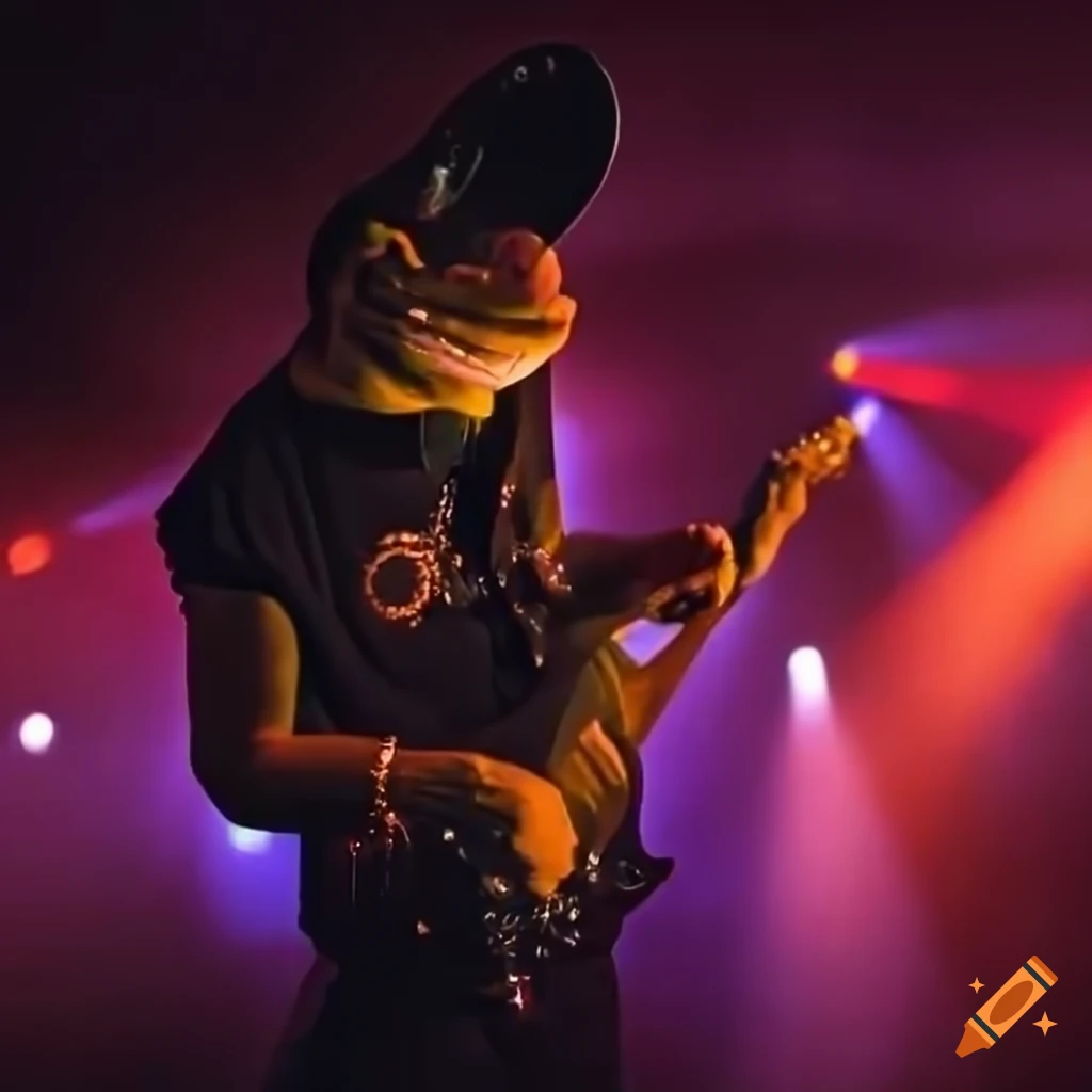 Punk frog playing electric guitar at a concert