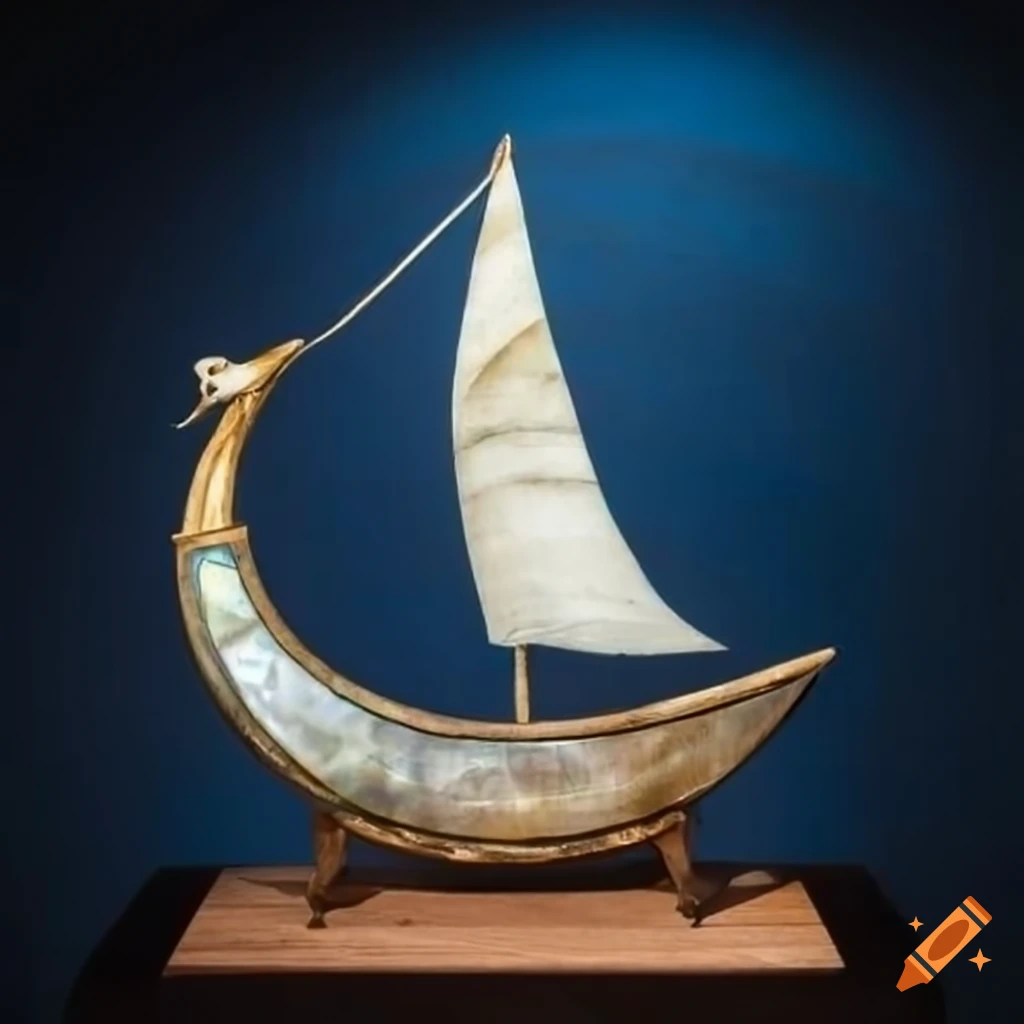 Artistic depiction of a sailor with a kite in a moon-shaped boat