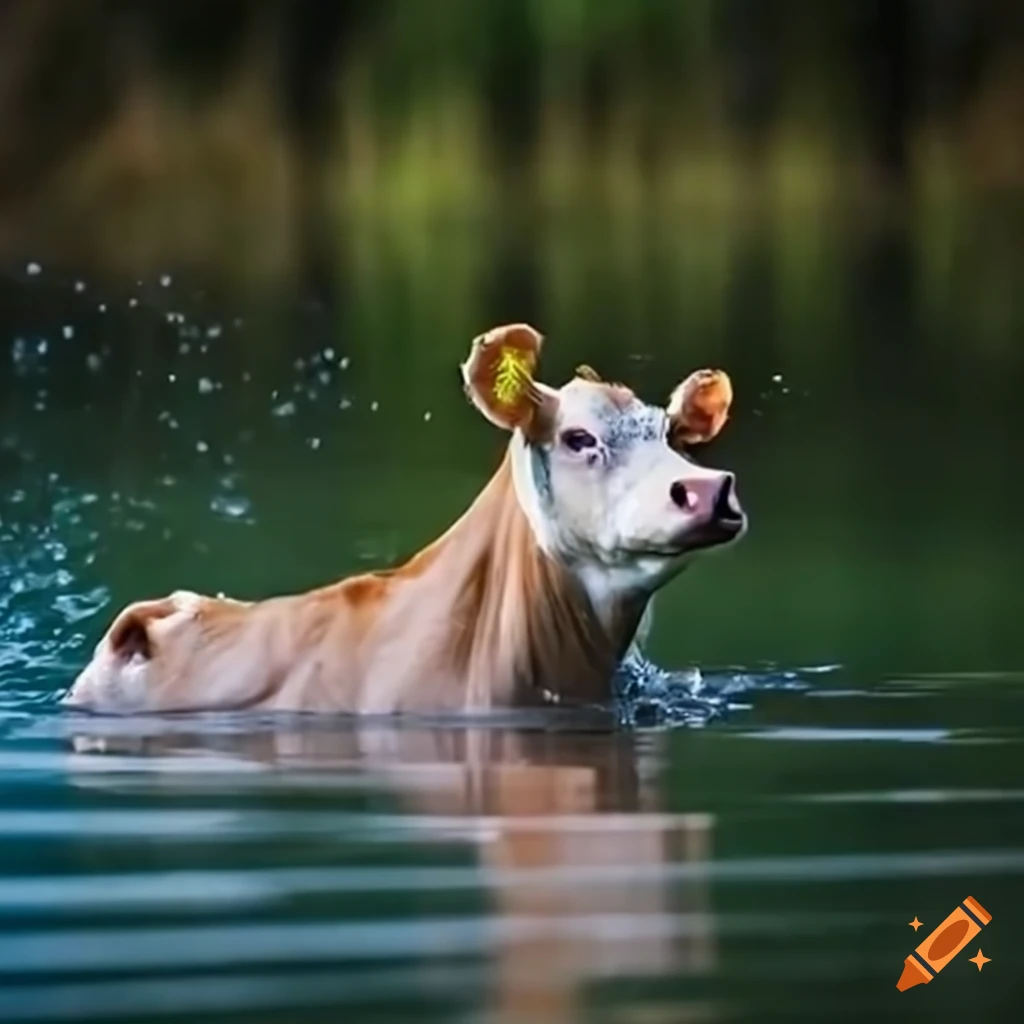 Cow swimming in blue ocean water on Craiyon