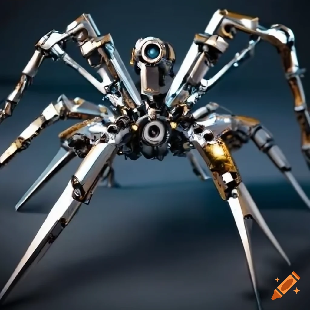 Metallic robotic spider with blades and armor plating on Craiyon