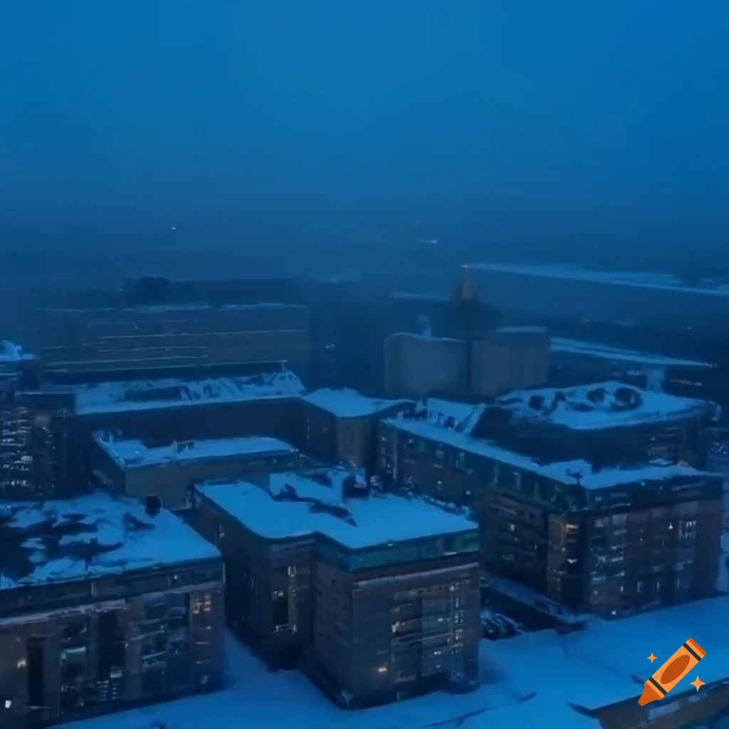 Aerial view of a snowy russian city at night on Craiyon