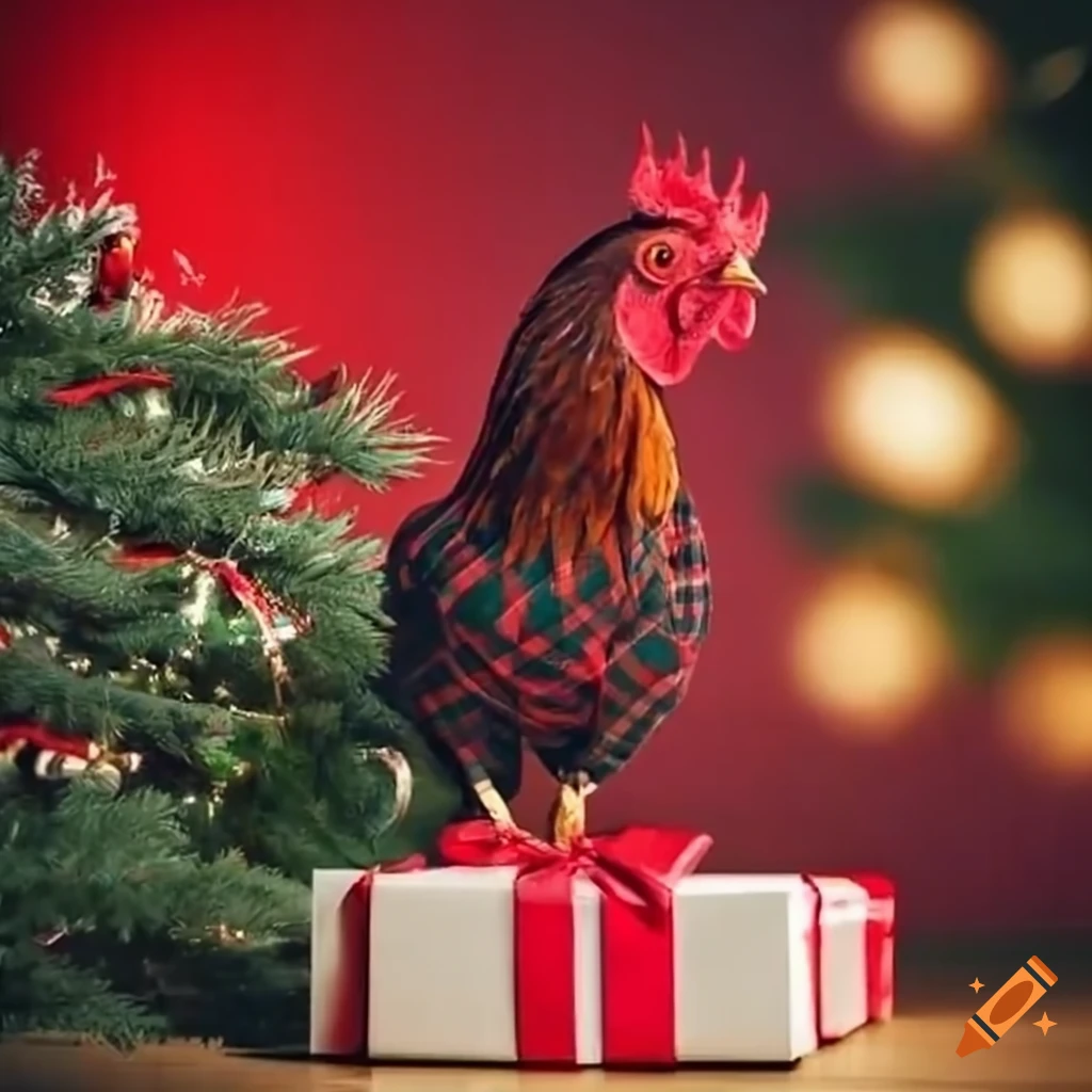 Red buffalo-plaid rooster opening christmas presents
