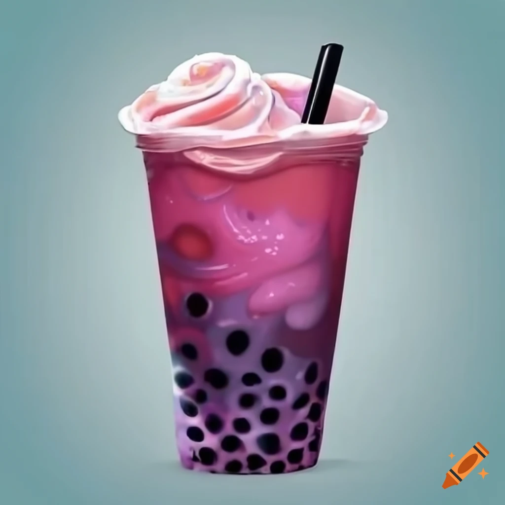 Tasty boba tea with colorful tapioca pearls and cream topping on Craiyon