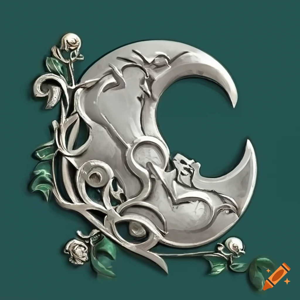 Silver moon emblem in art nouveau elven style with floral elements on ...