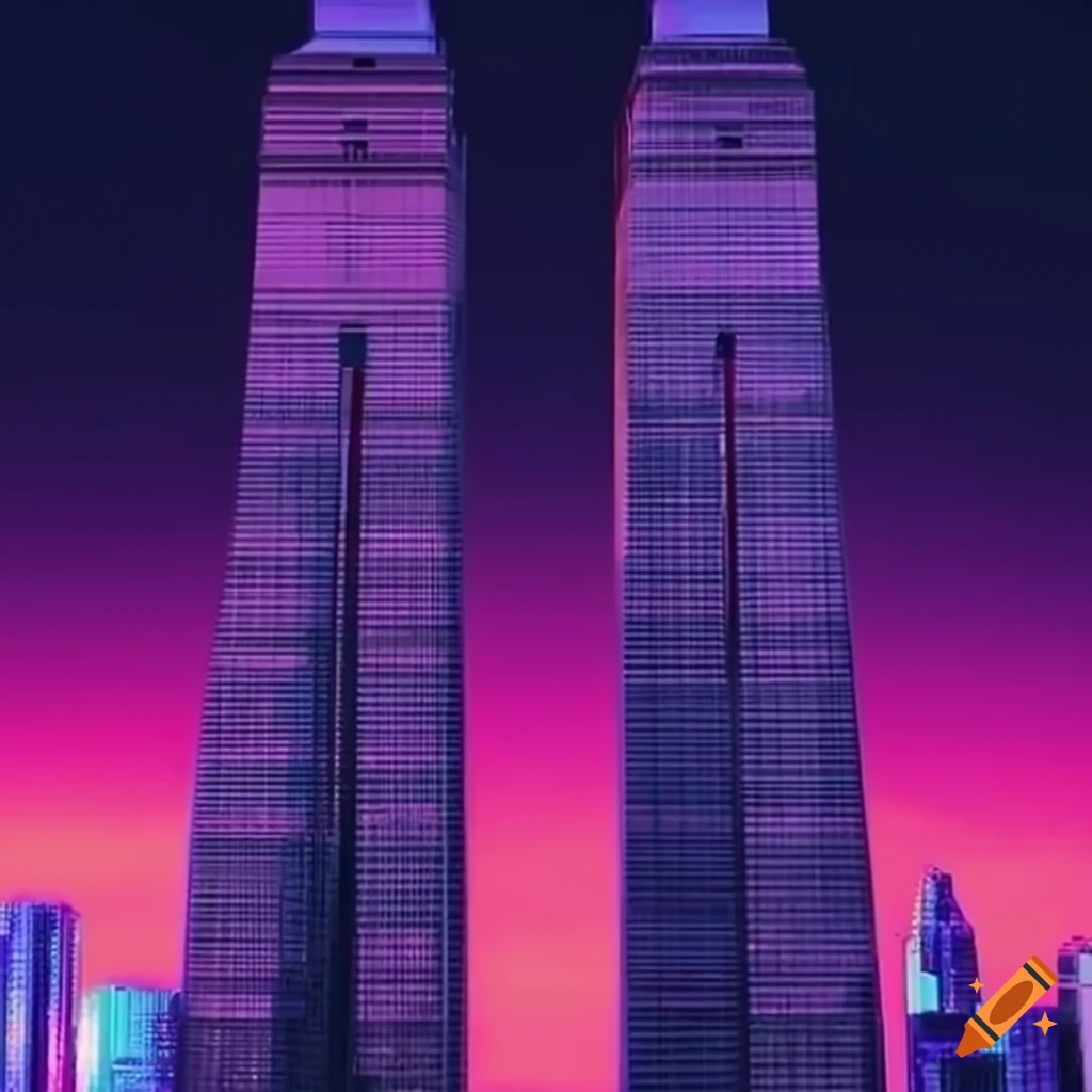 Vaporwave twin towers in retro-futuristic style