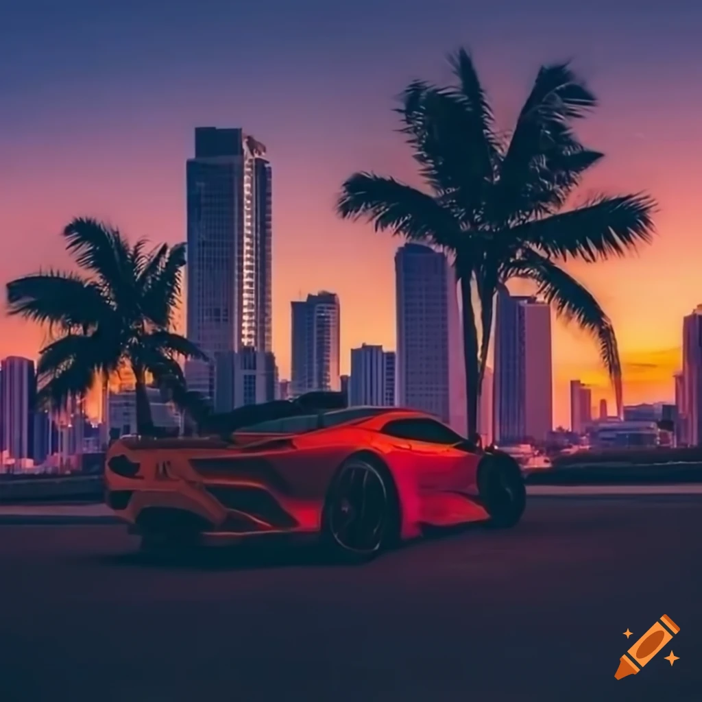 Sunset cityscape with a sports car