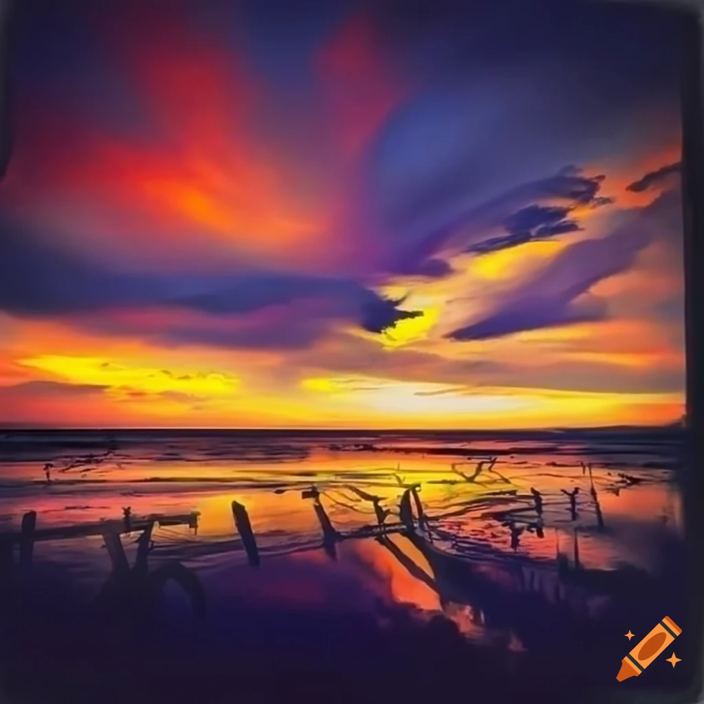 Picasso-style painting of a marsh sunset with storm clouds on Craiyon