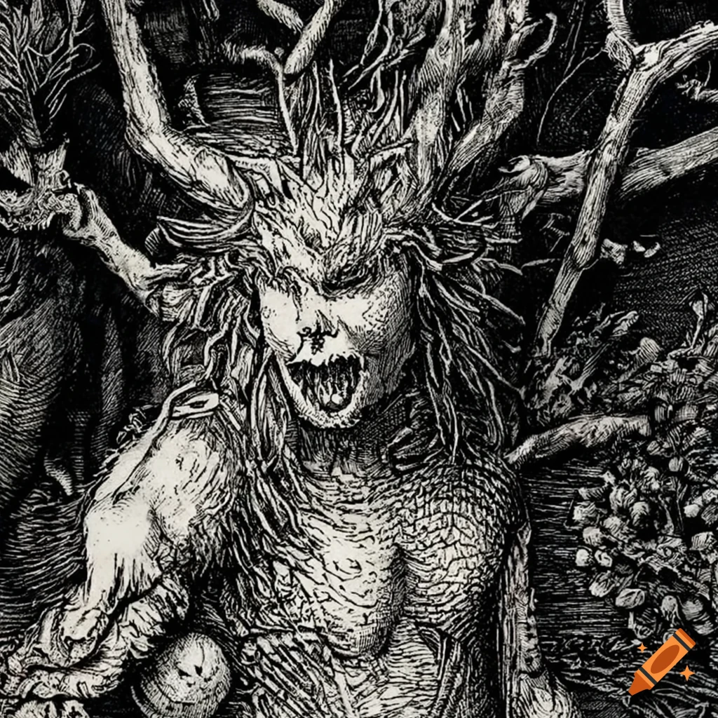 Close-up of intricate engraving of a male dryad made of driftwood armor ...