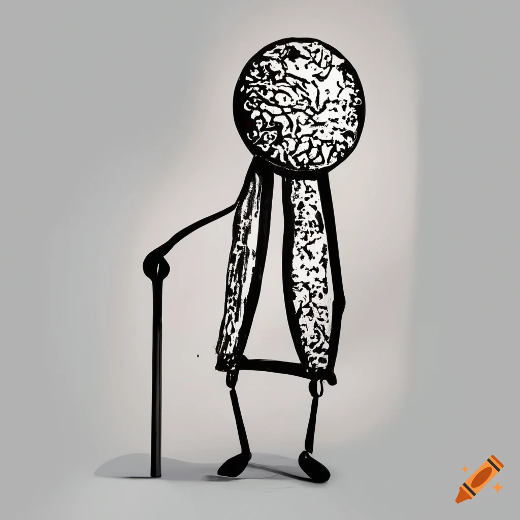 Engraving of a stylish stick figure with a cane