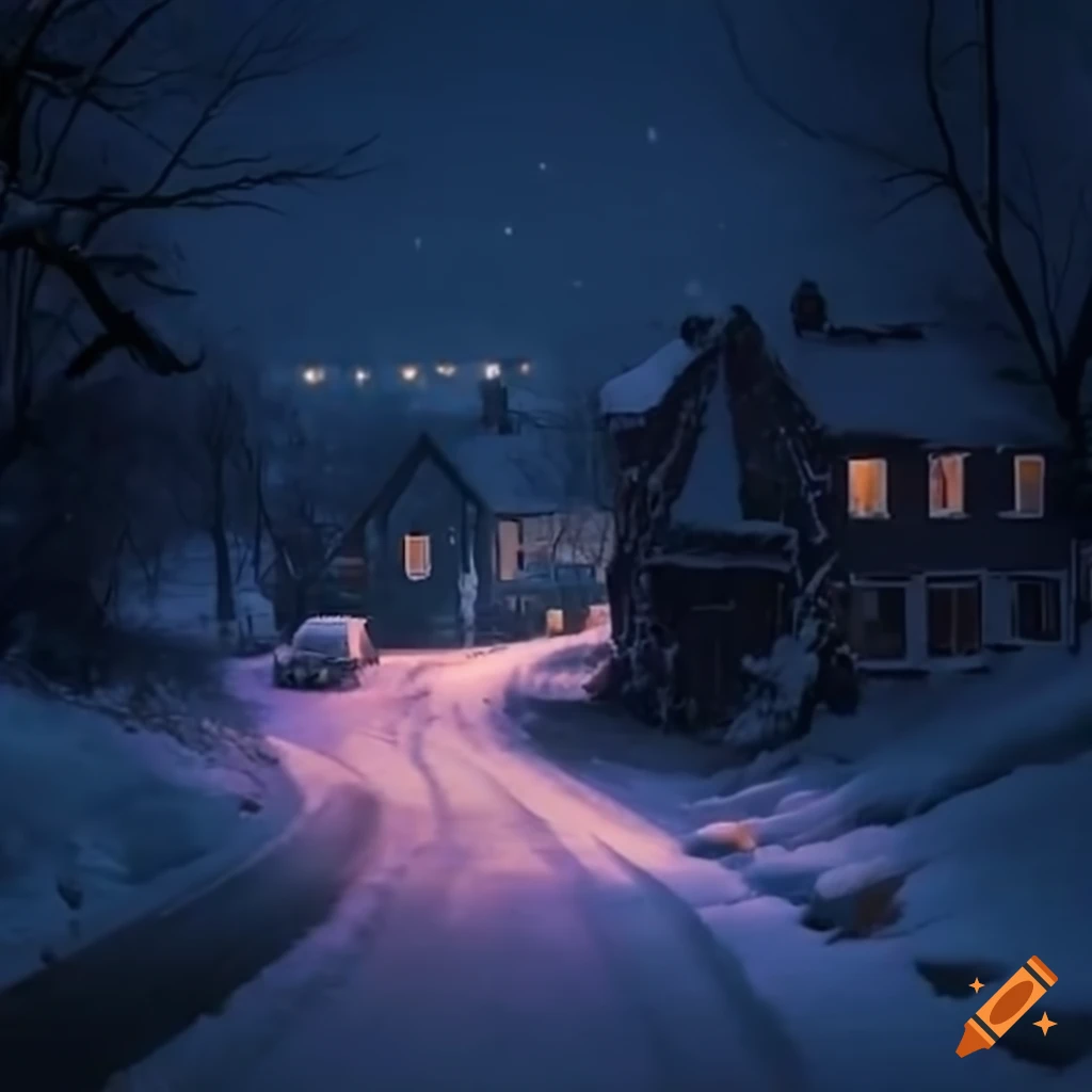 Snowy suburban street at night with a car on a hill