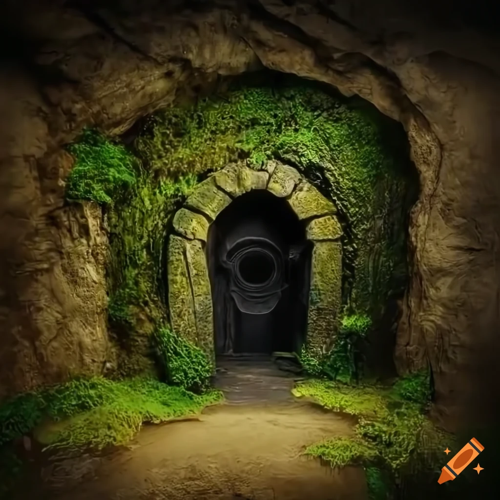 Ancient stone door with african masks in a cave on Craiyon