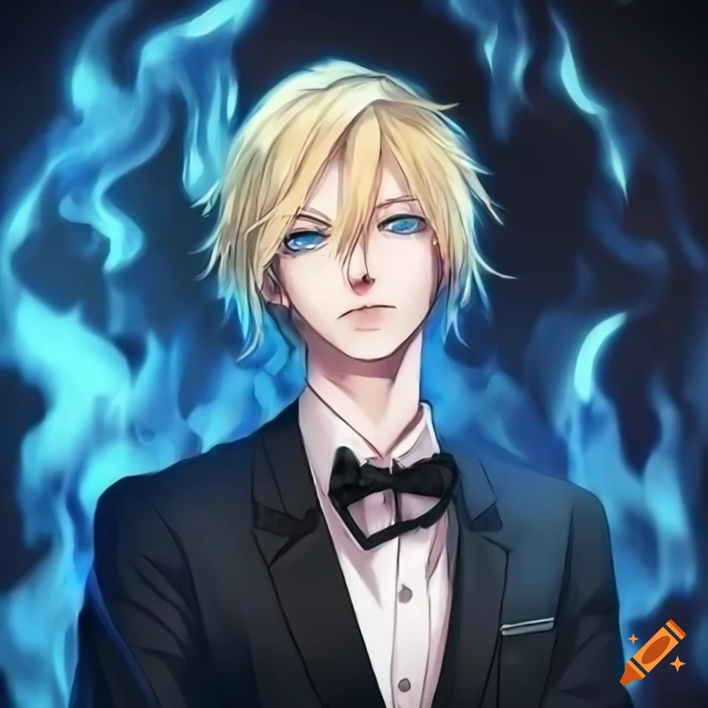 Anime-style portrait of a man with blue fire background on Craiyon
