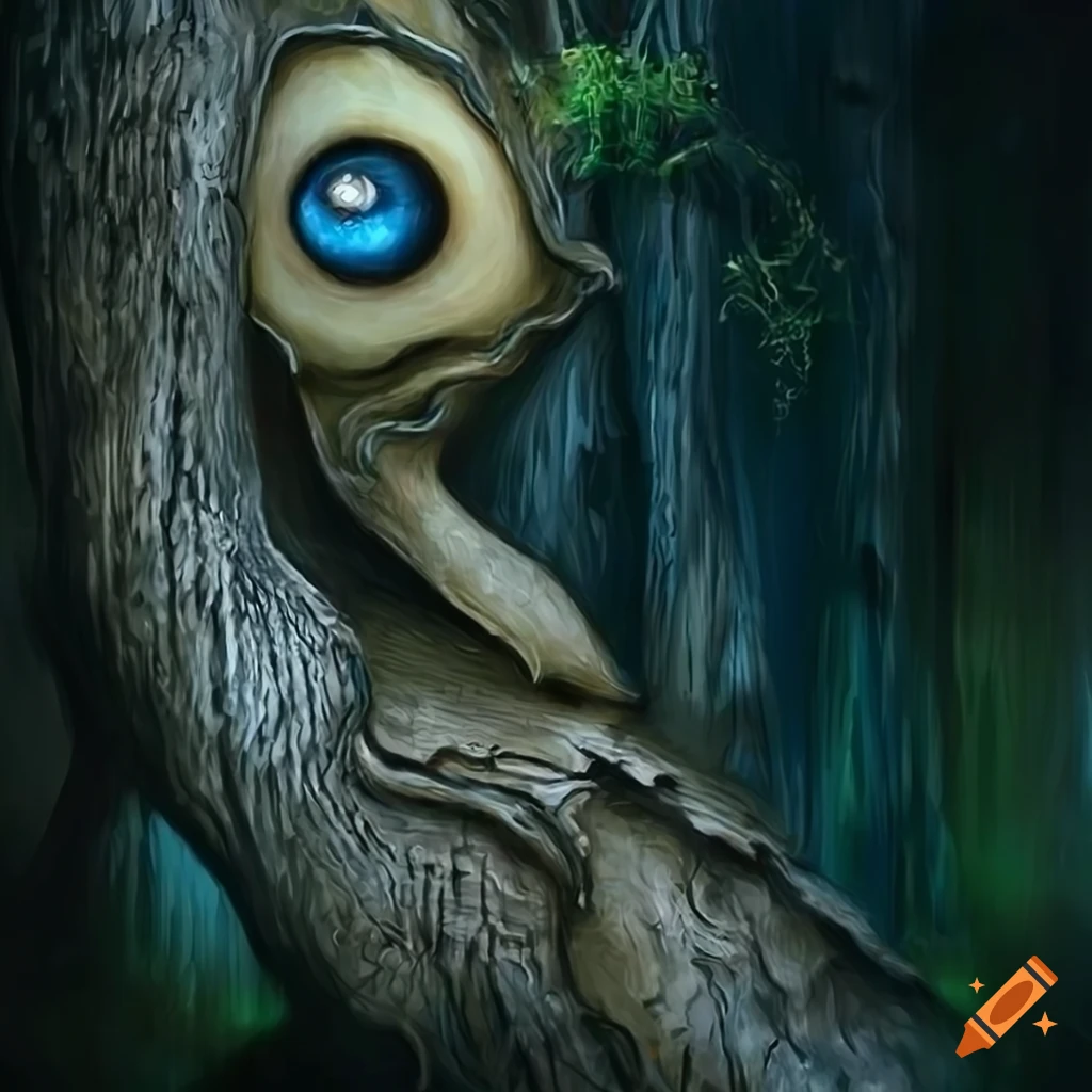Oil painting of an ancient tree creature in an enchanted forest on Craiyon
