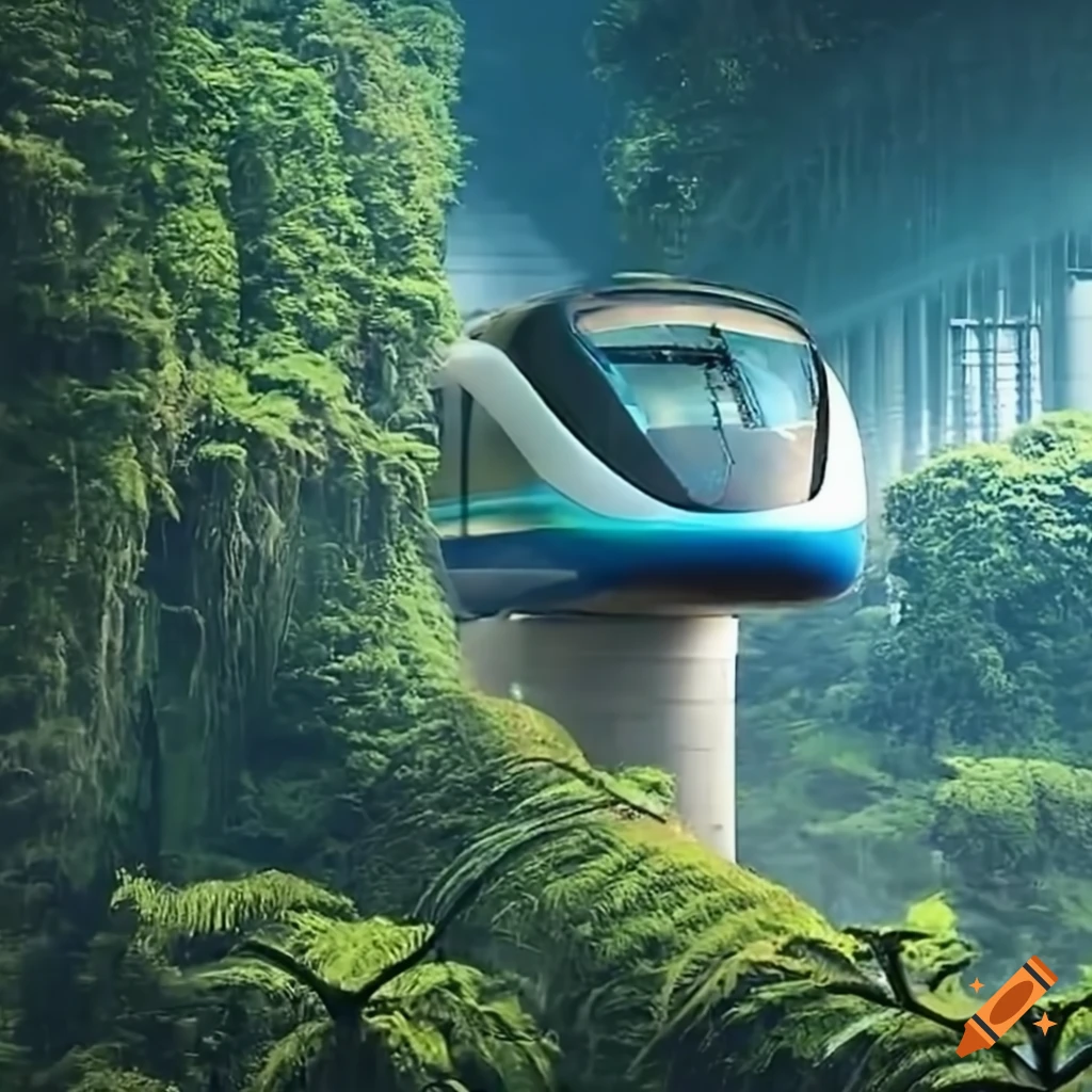 Futuristic monorail delivering cargo train in a jungle spaceport on Craiyon