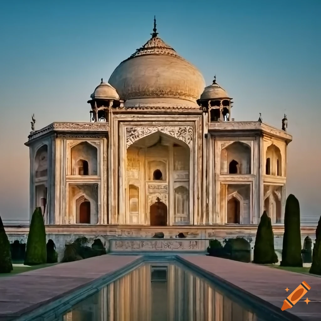 Frontal view of a mughal architectural style building on Craiyon