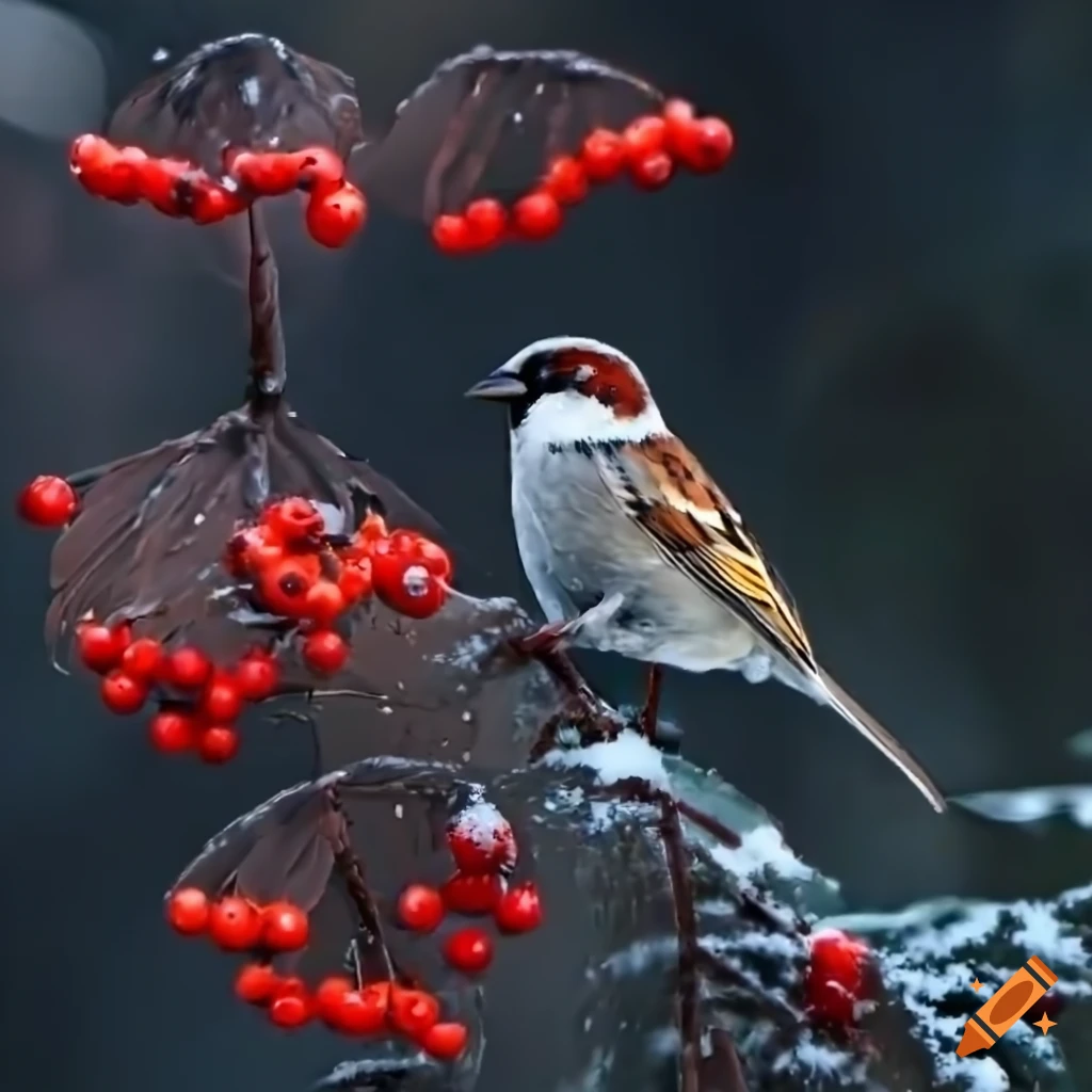 Bird sitting on Rowan branch in the snow-covered forest on Craiyon