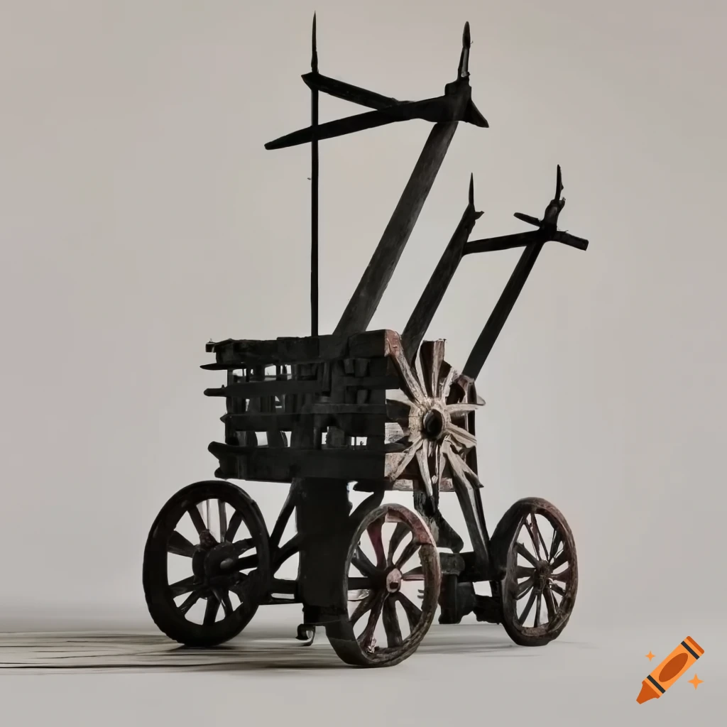 Sculpture of an ancient war cart with metal warriors on Craiyon