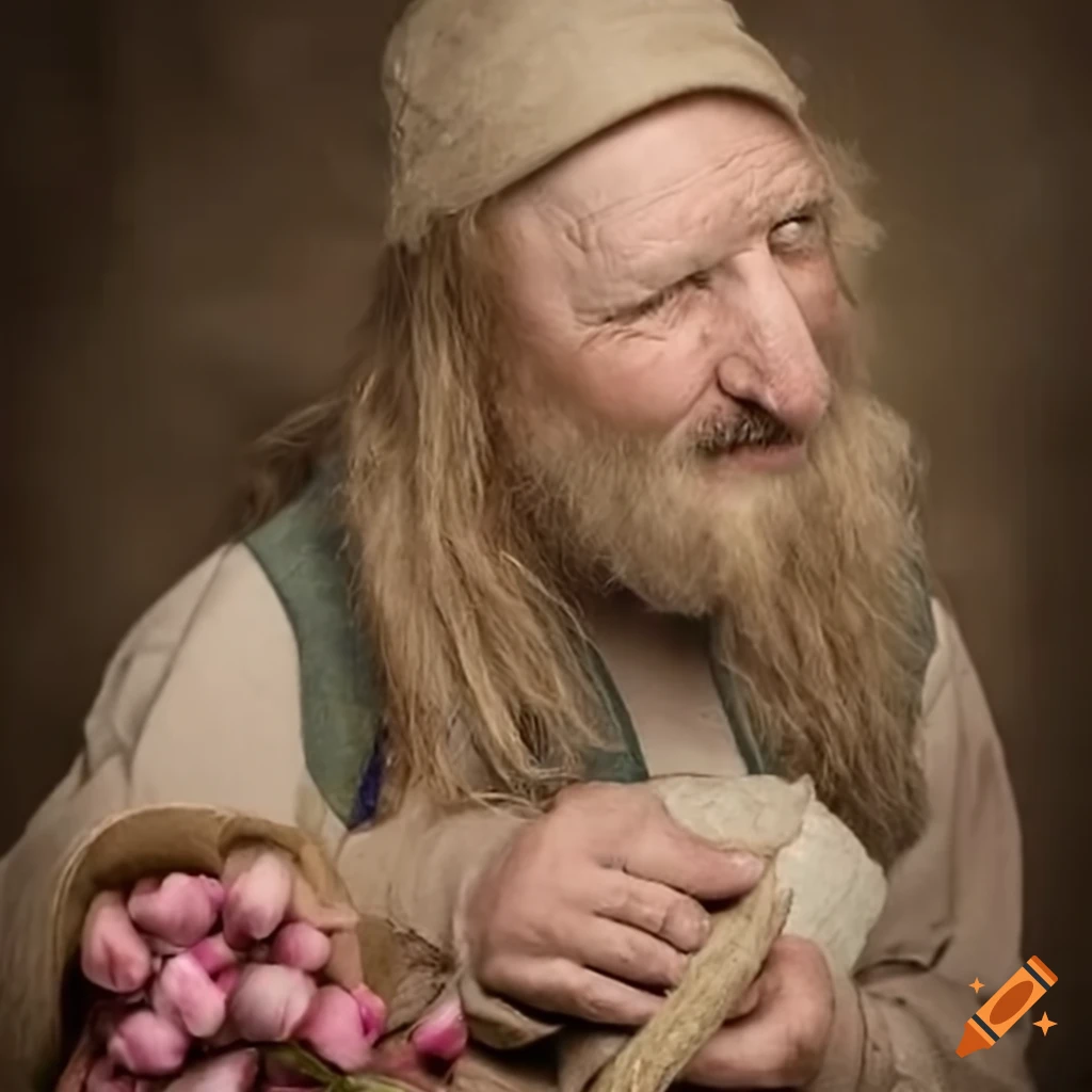 Hyperrealistic painting of a medieval farmer picking roses