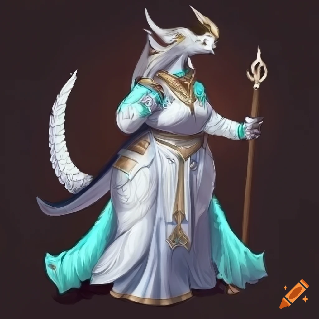 Artwork of a dragon cleric in white robes and headdress on Craiyon