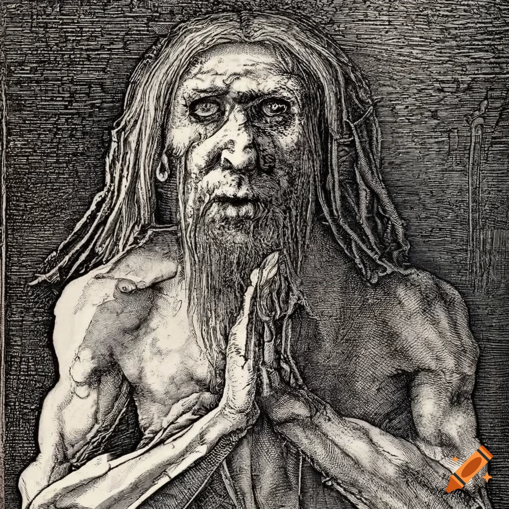 Monochrome surreal artwork of a neanderthal jesus in prayer on Craiyon