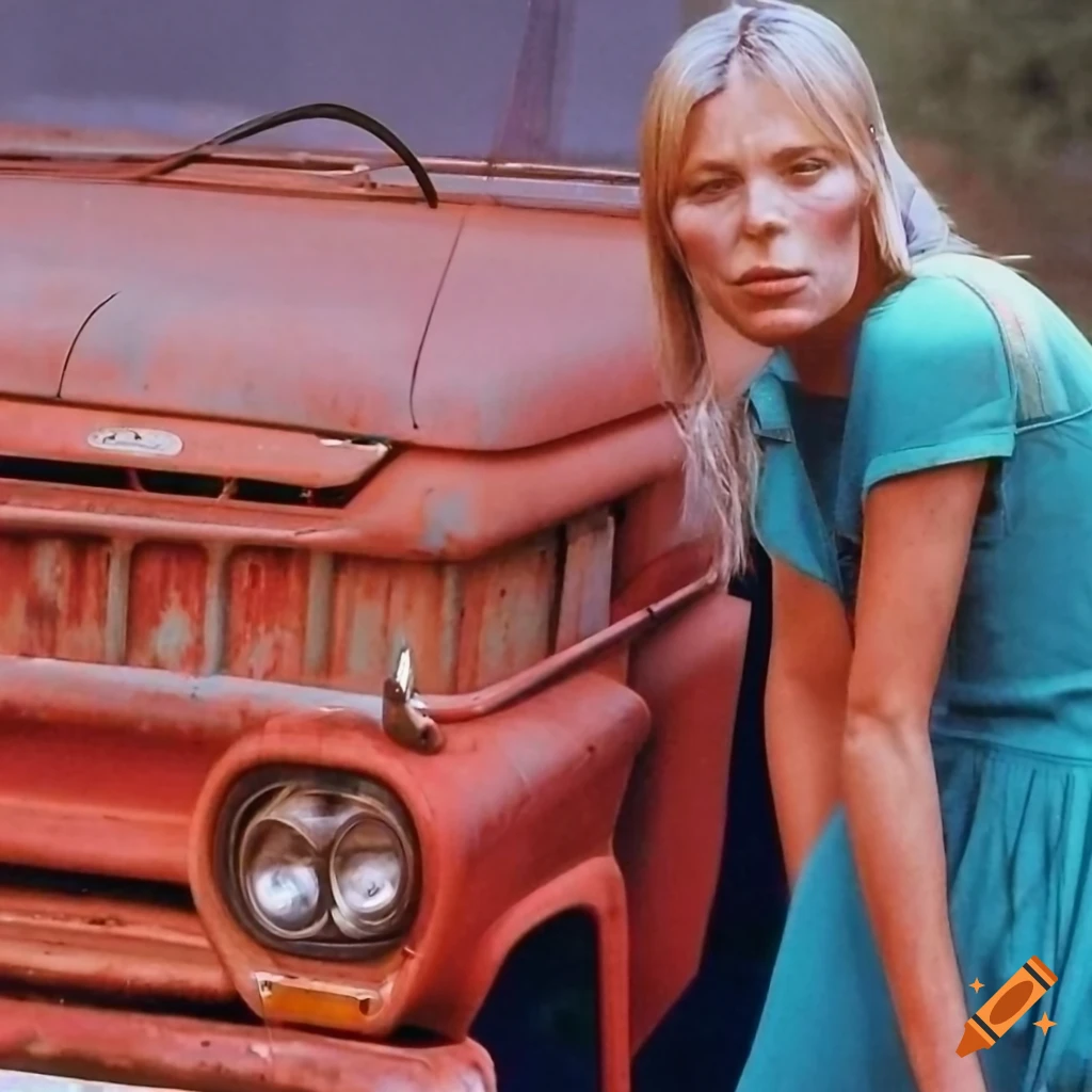 Young joni mitchell standing with a rusty red 1963 chevy truck in a ...